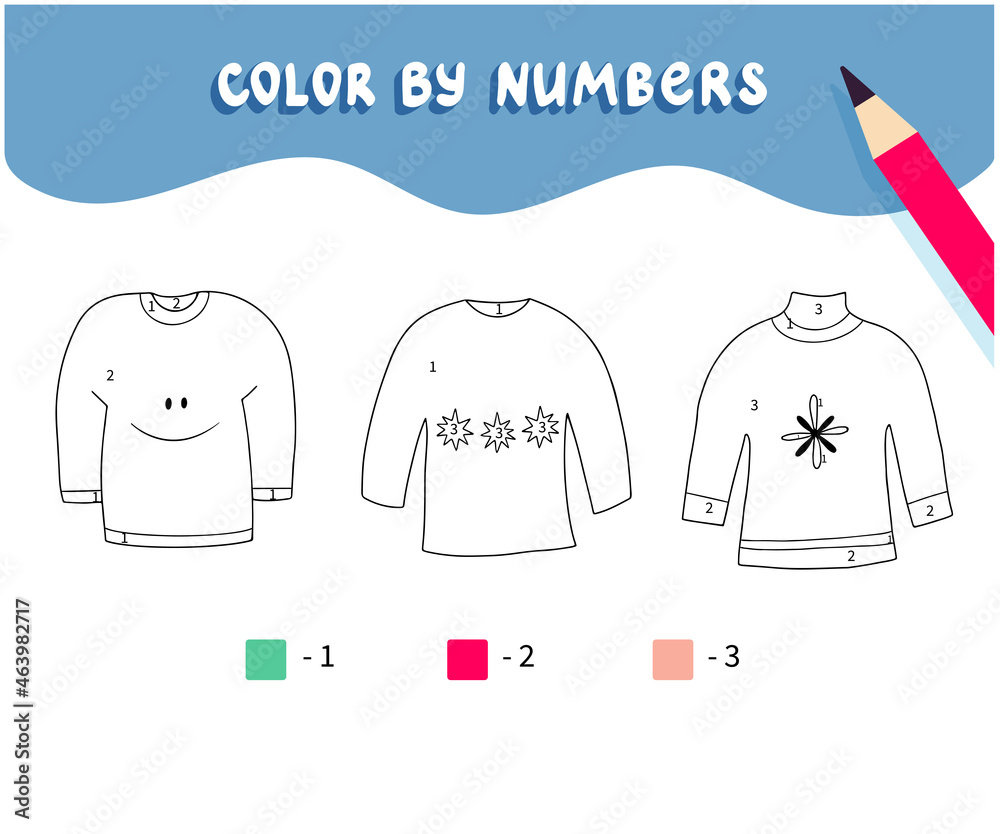 Coloring page with cute handdrawn sweaters. Color by numbers ...