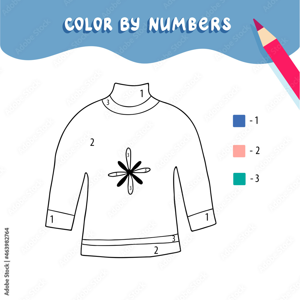 Coloring page with cute handdrawn sweaters. Color by numbers ...