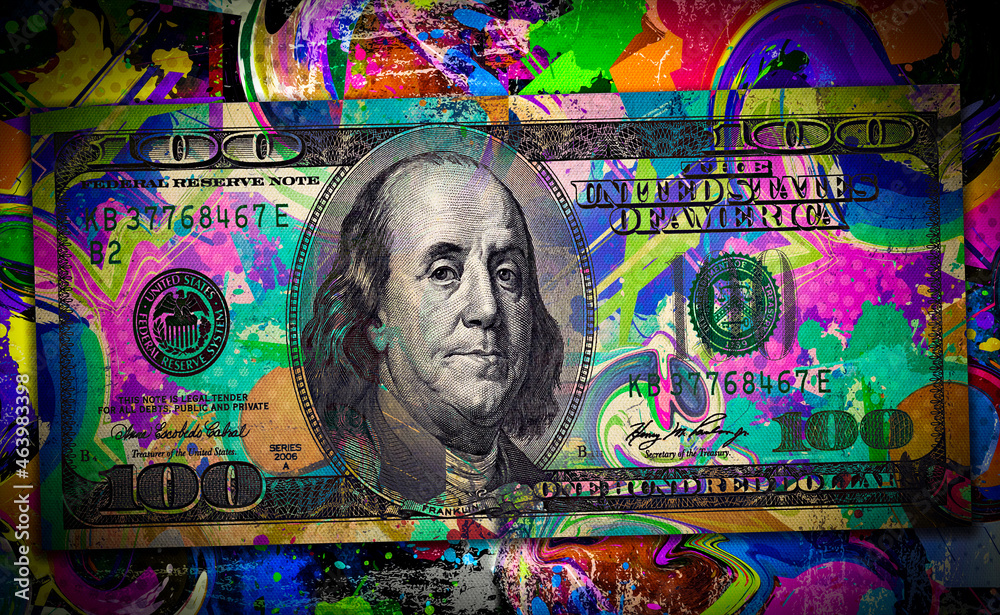 dollar banknote with creative colorful abstract elements on dark ...