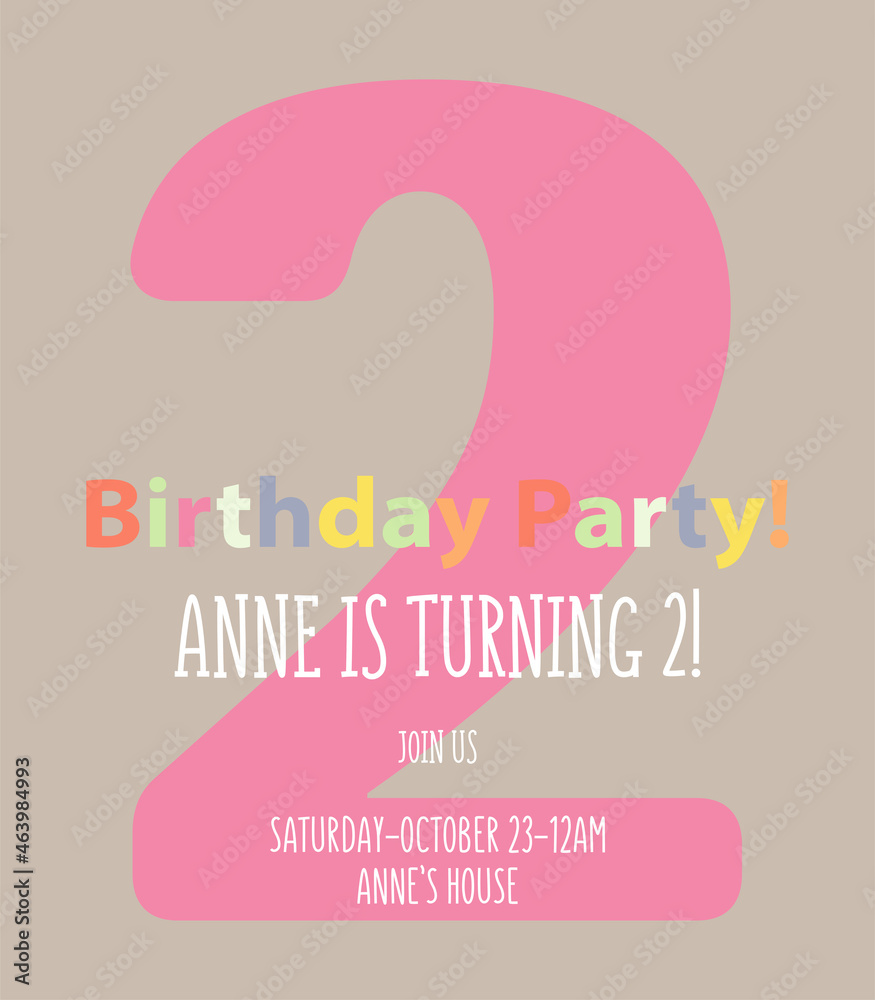 Birthday party invitation card template with a big pink number two ...