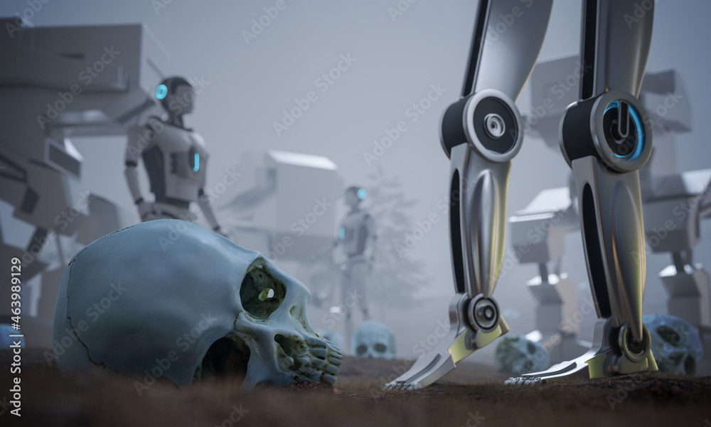 Futuristic war between robots and humans. Human skulls on the ground ...