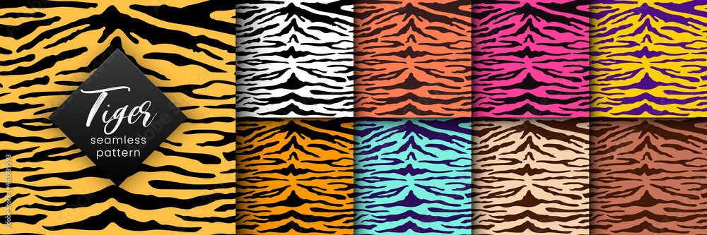 Tiger seamless pattern set. Vector wild animal skin textured background ...
