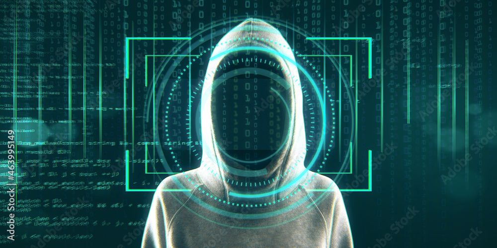 Hacker standing on abstract binary code background with face ...