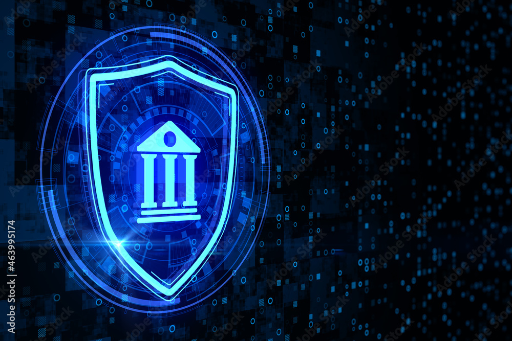 Abstract glowing shield with bank icon on dark binary code background with mock up place. Online ...