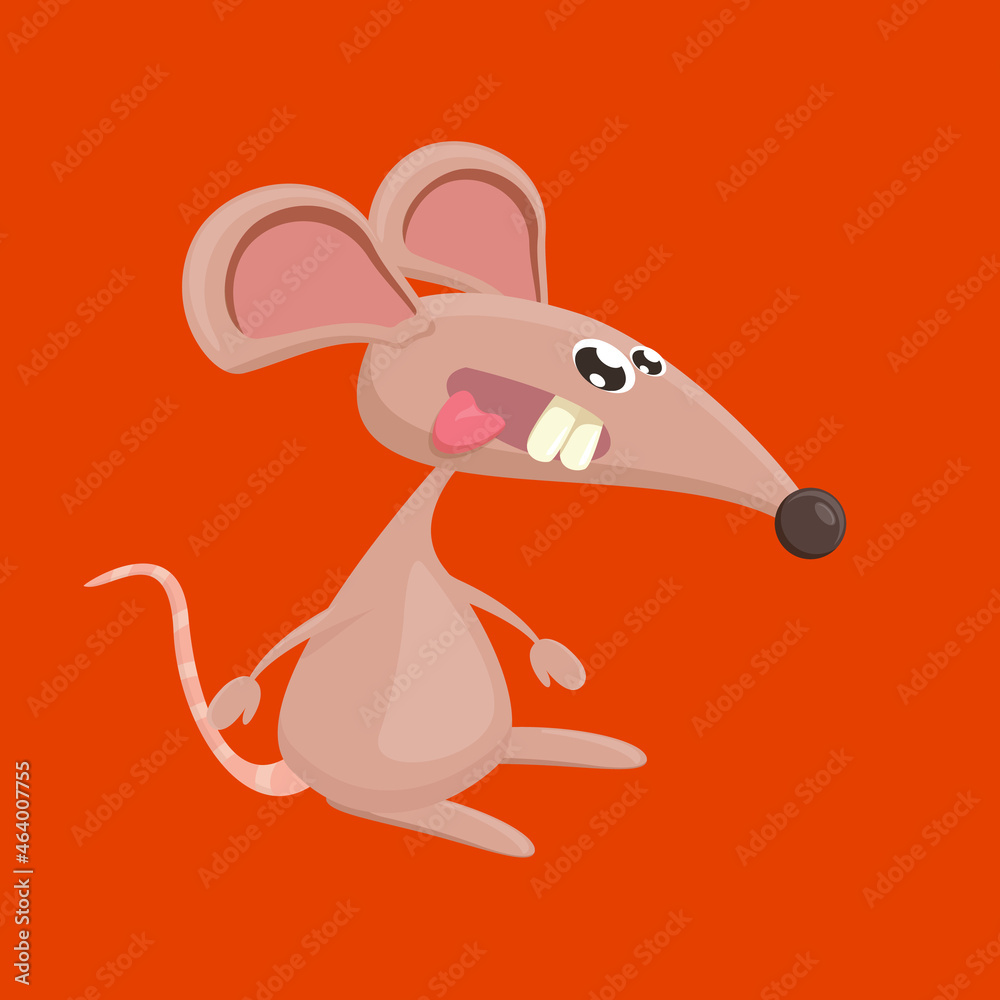 Vector cartoon funny mouse animal isolated on red background. Little ...