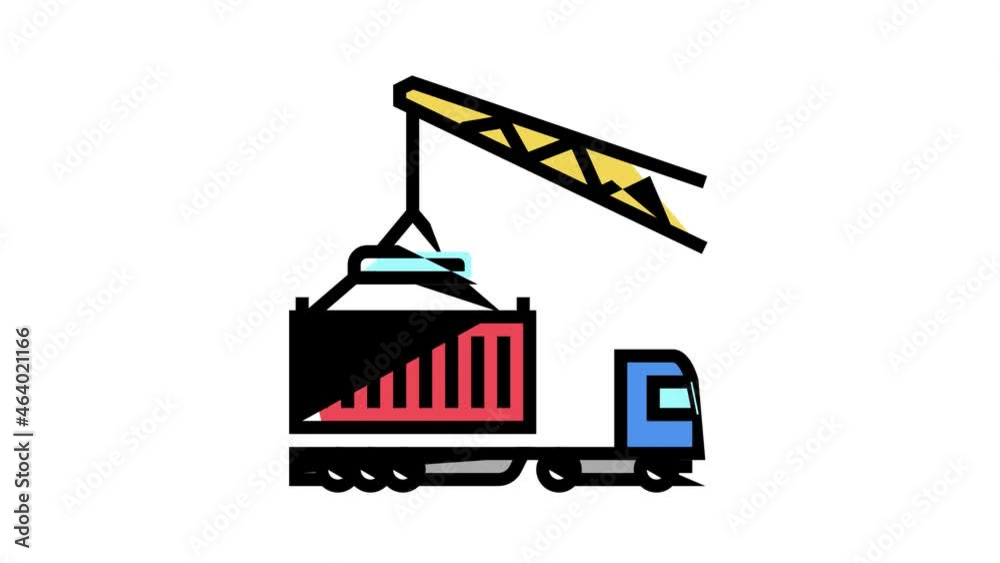 crane loading container on truck in port animated color icon. crane ...