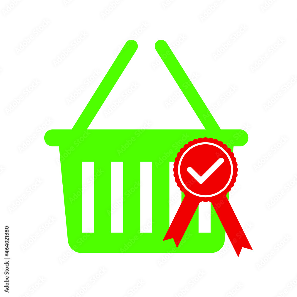 Green shopping basket on white background, red check mark icon, vector ...