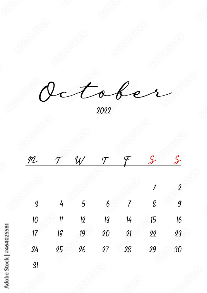 2022 October month calendar template minimalistic design Stock ...
