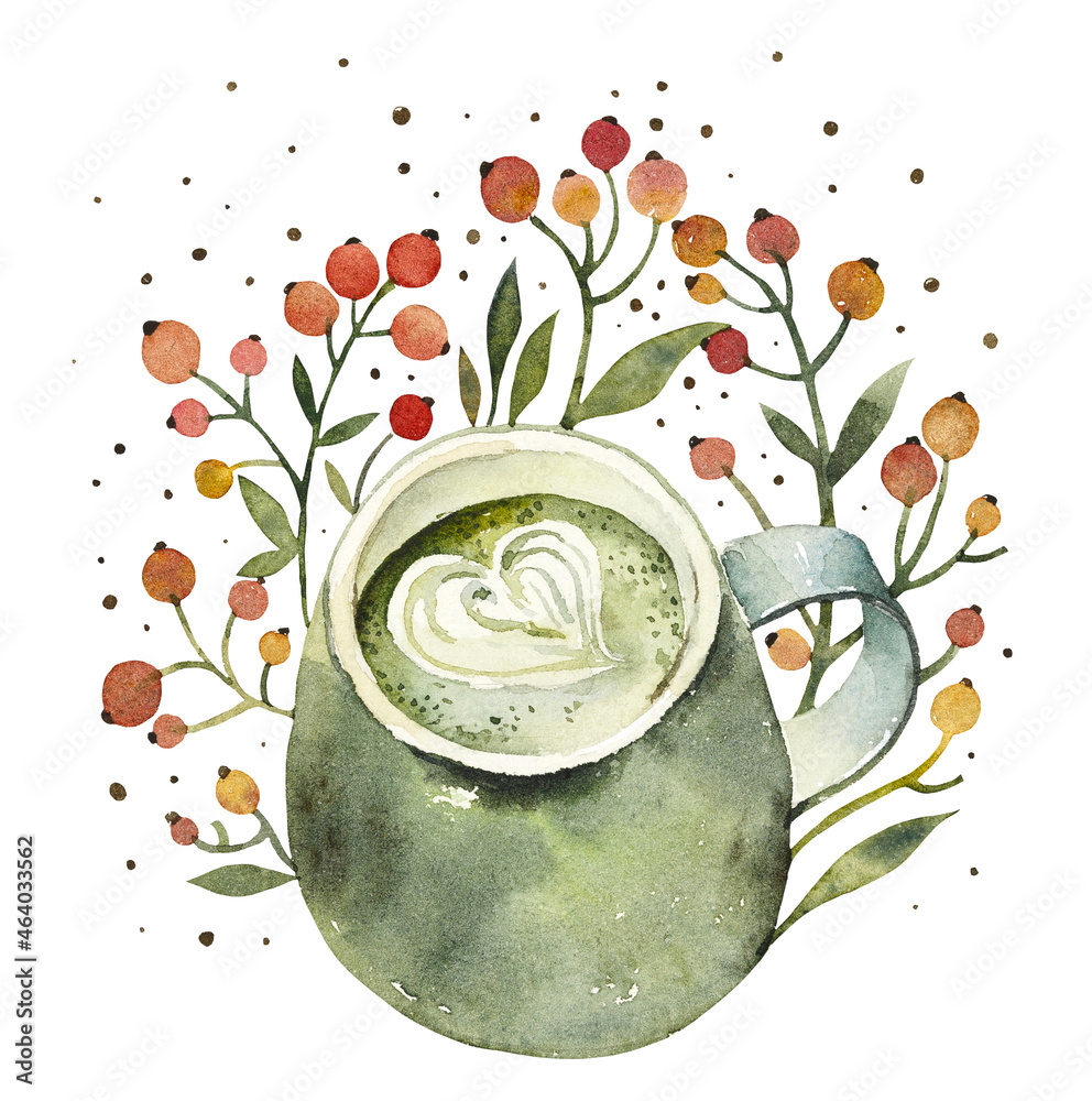 Green matcha mugs with floral motif. Ideal for postcards, invitations ...