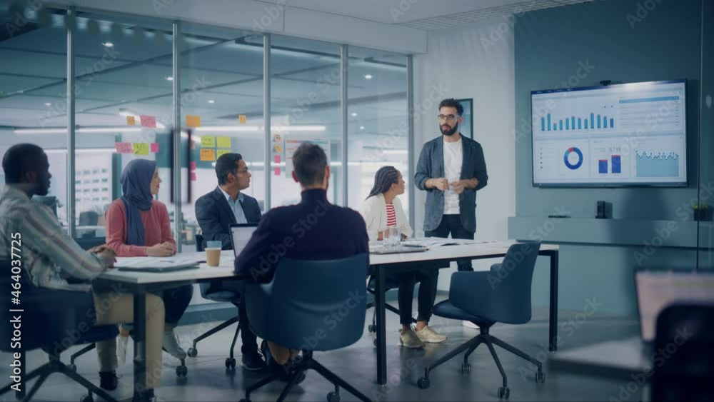 Diverse Modern Office: Businessman Leads Business Meeting with Managers ...