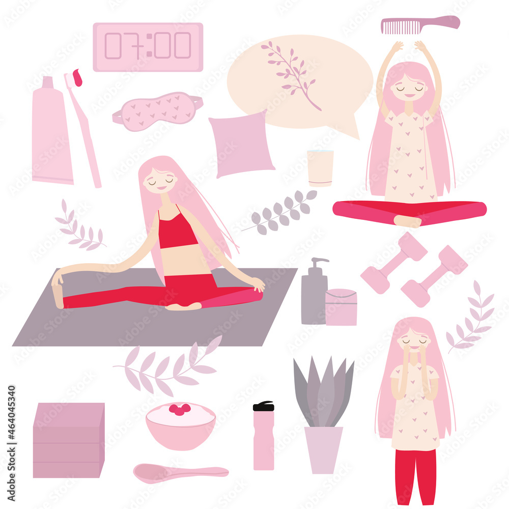 Daily routine of a woman set. Girl having breakfast in the morning ...