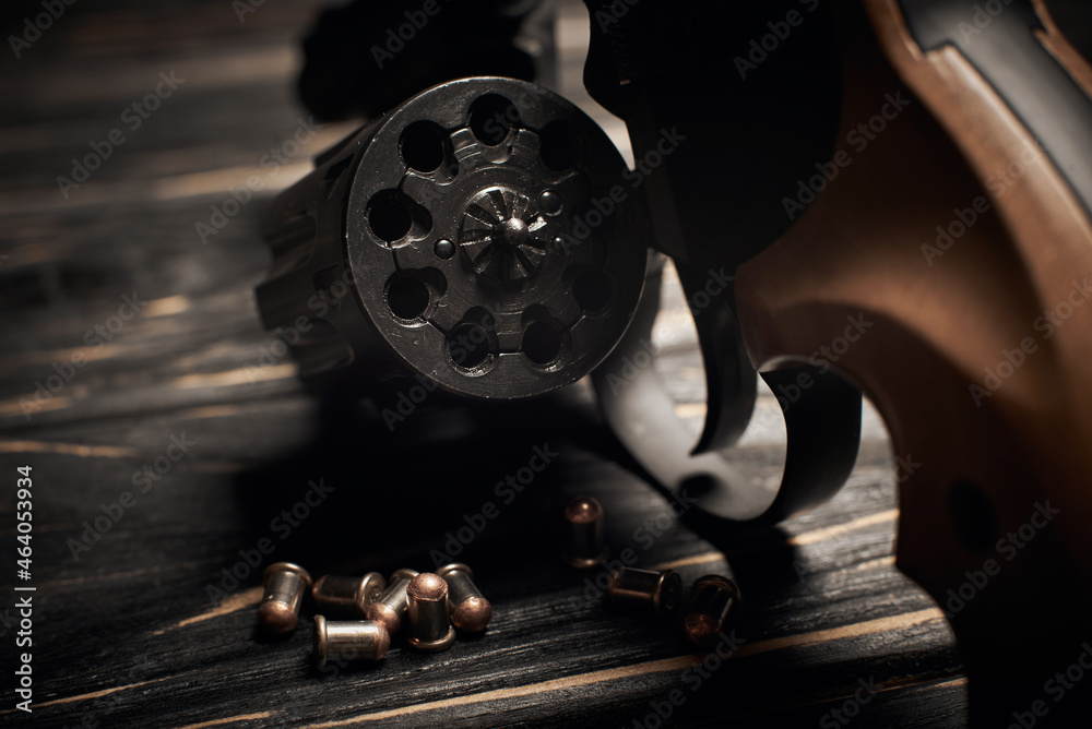 revolver cylinder with Flobert ammo 4mm on dark wooden background Stock ...