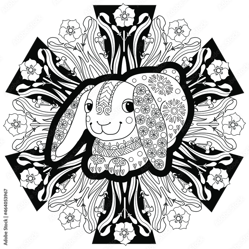 Art therapy coloring page. Outline Mandala and Cute Rabbit for coloring ...