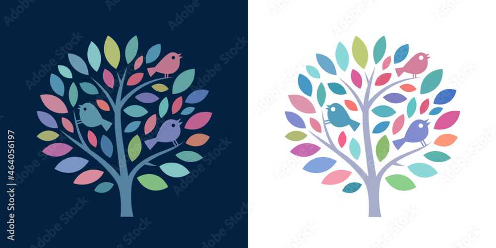 Colorful tree icon with birds, symbolising power of nature, happiness ...