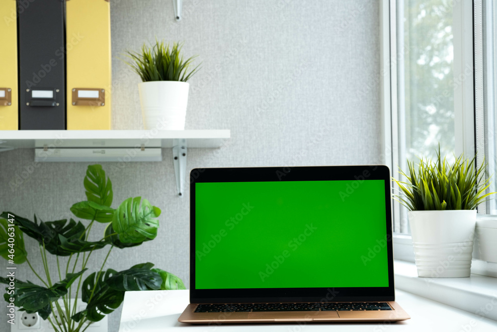 Morden laptop green screen. Chroma key green screen computer set up for ...