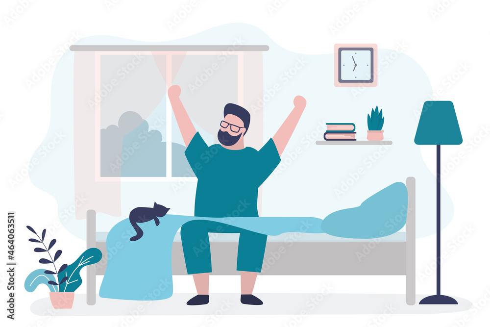 Happy man pulls himself up after waking up. Male character sits on bed ...