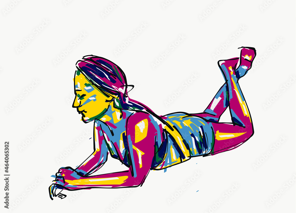 Vector image of woman lying on stomach against white background Stock ...