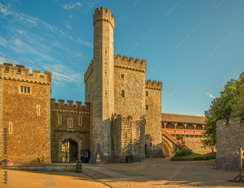 Cardiff Castle Wales UK medieval castle main entrance and gates with ...