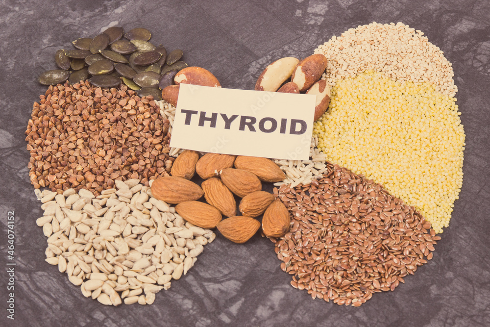 Nutritious ingredients in shape of thyroid. Healthy food as source ...