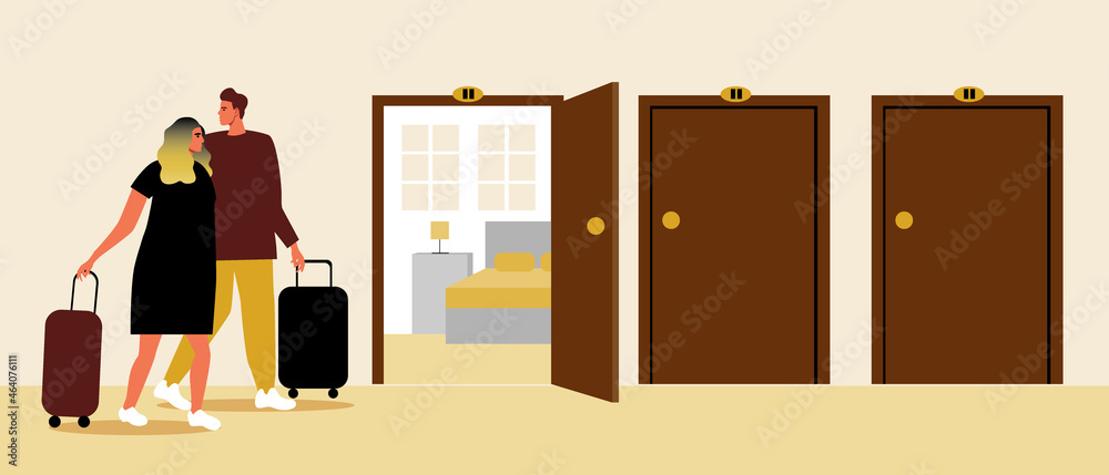 Couple check in hotel, student dorm, flat vector stock illustration ...