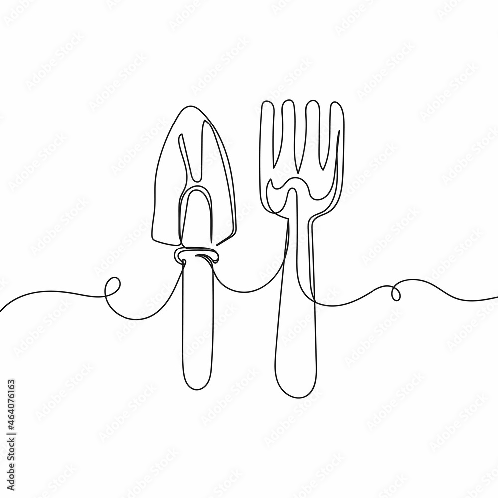 Vector continuous one single line drawing of garden tools in silhouette ...