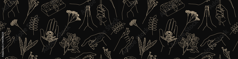 Seamless pattern with female hands and flowers. Vector illustration ...