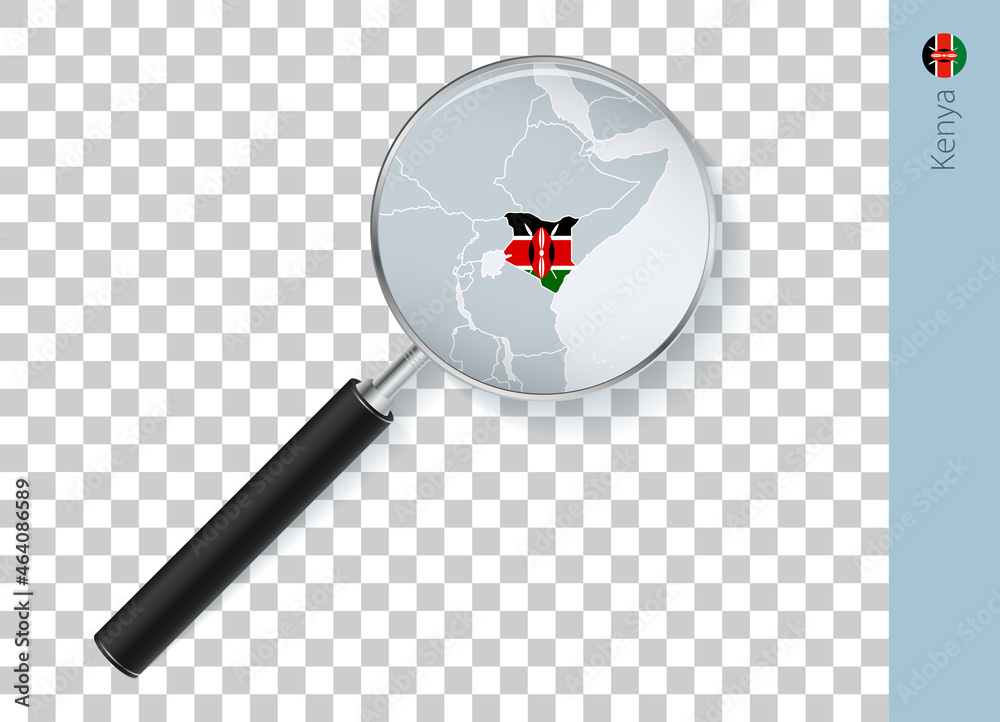 Kenya map with flag in magnifying glass on transparent background ...