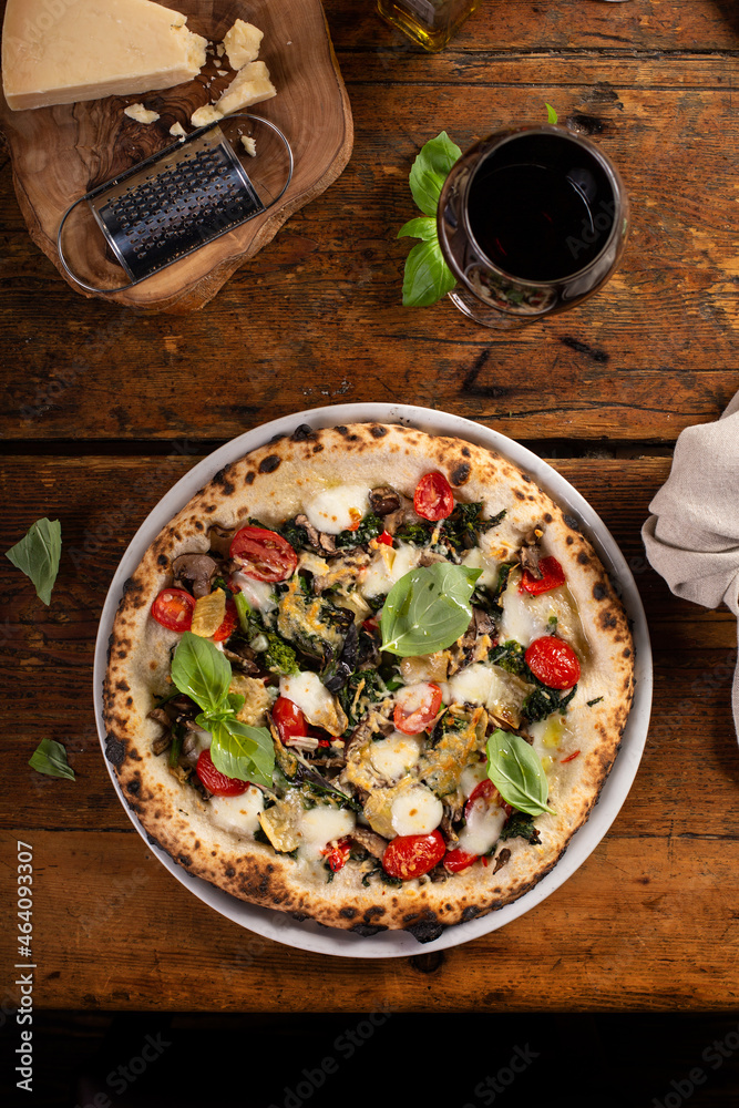 Pizza Napolitana or Naples style with mozzarella, mushrooms and spinach ...