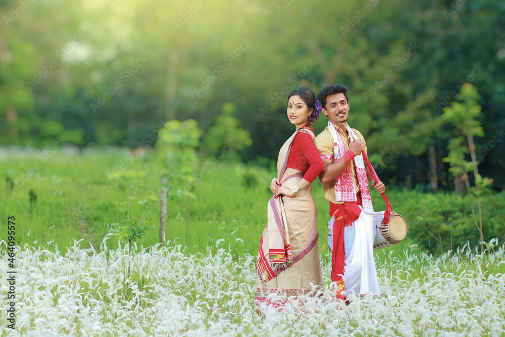 Bihu - Young Assamese couple in traditional attire during the ...
