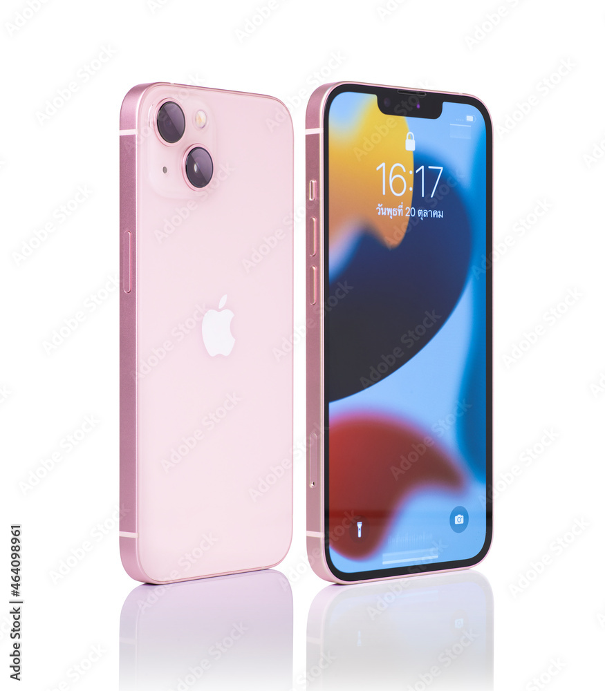 Oct 20, 2021 Bangkok, Thailand : iPhone 13 pink color Isolated on white ...