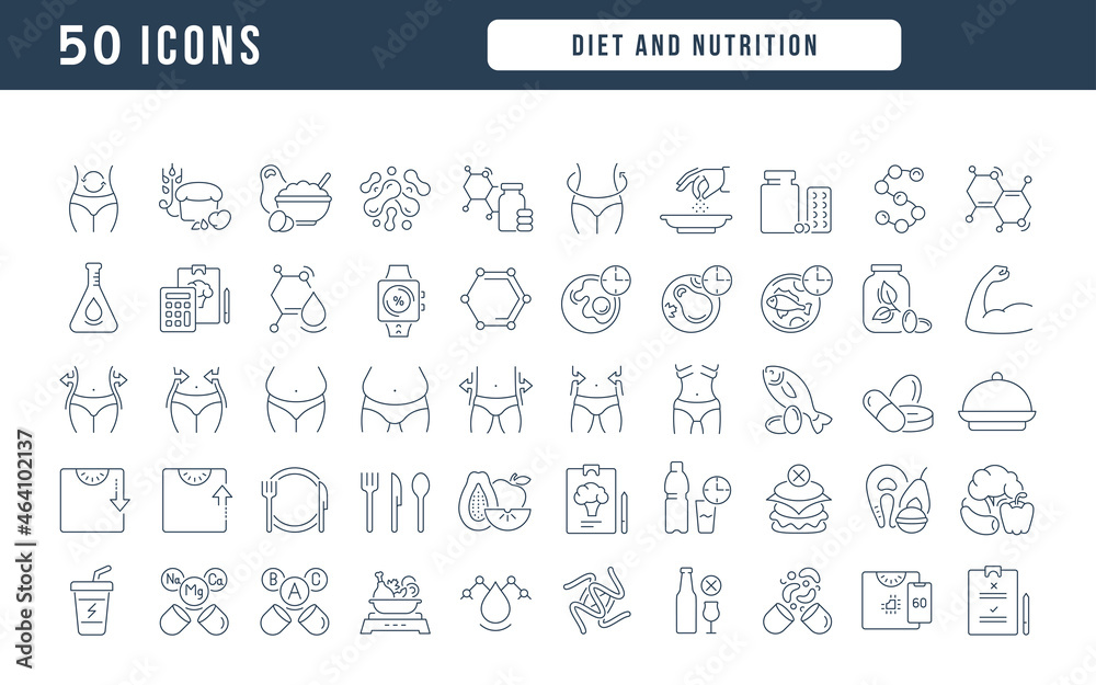 Diet and Nutrition. Collection of perfectly thin icons for web design ...