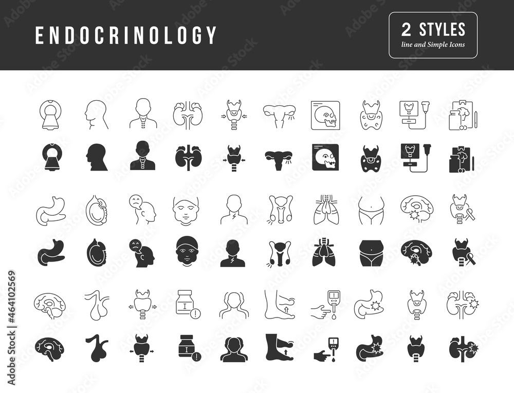 Endocrinology. Collection of perfectly simple monochrome icons for web ...