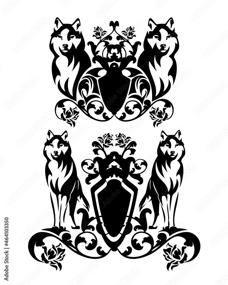 pair of standing wolves with heraldic shield decorated with rose ...