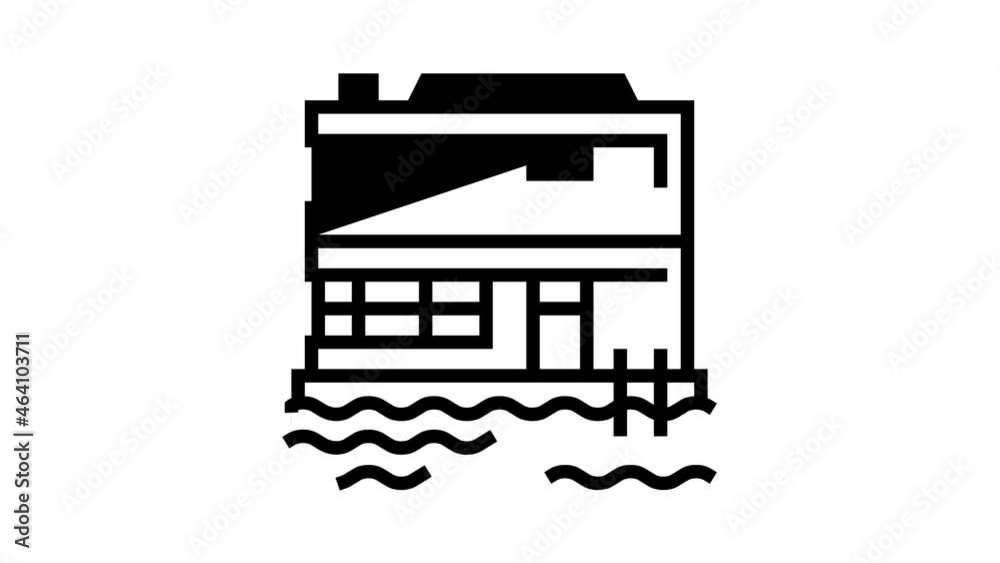 floating on water residence house animated line icon. floating on water ...
