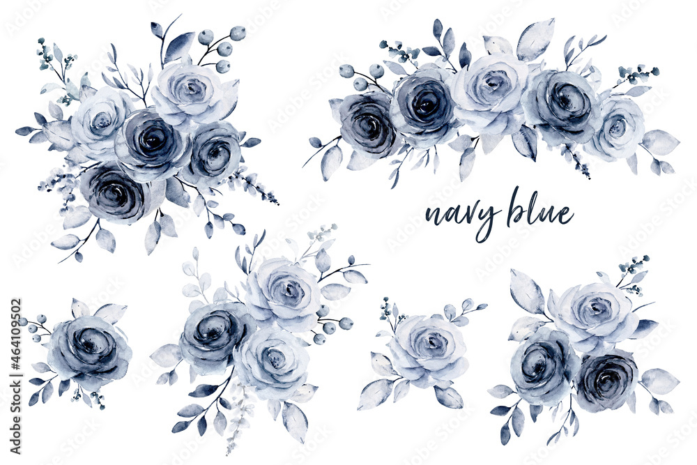 Navy blue flowers watercolor set, floral clip art. Bouquet roses ...