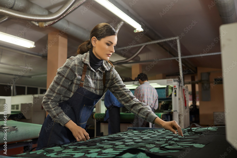 Portrait of female worker at footwear factory. Serious young woman ...