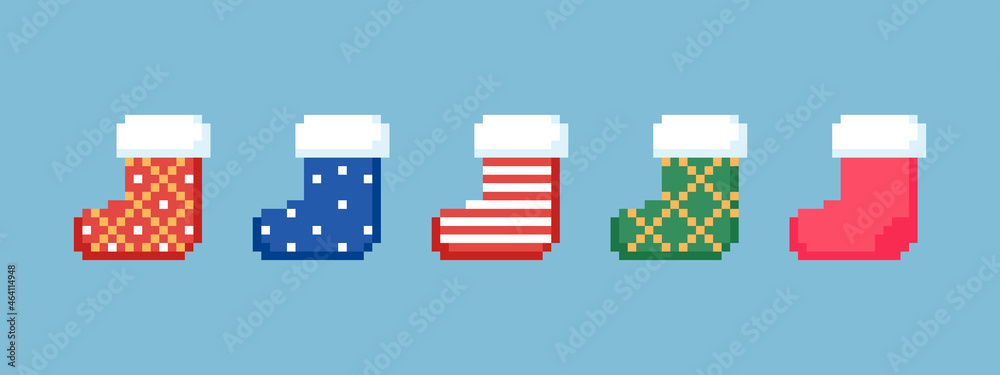 Pixel art Christmas socks collection. Set of 8 bit video game ...