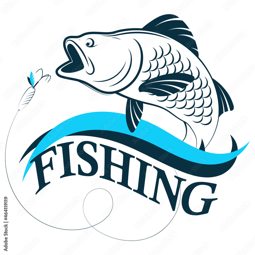 Fish on the wave and bait. Fish jumping for tackle symbol Stock Vector ...