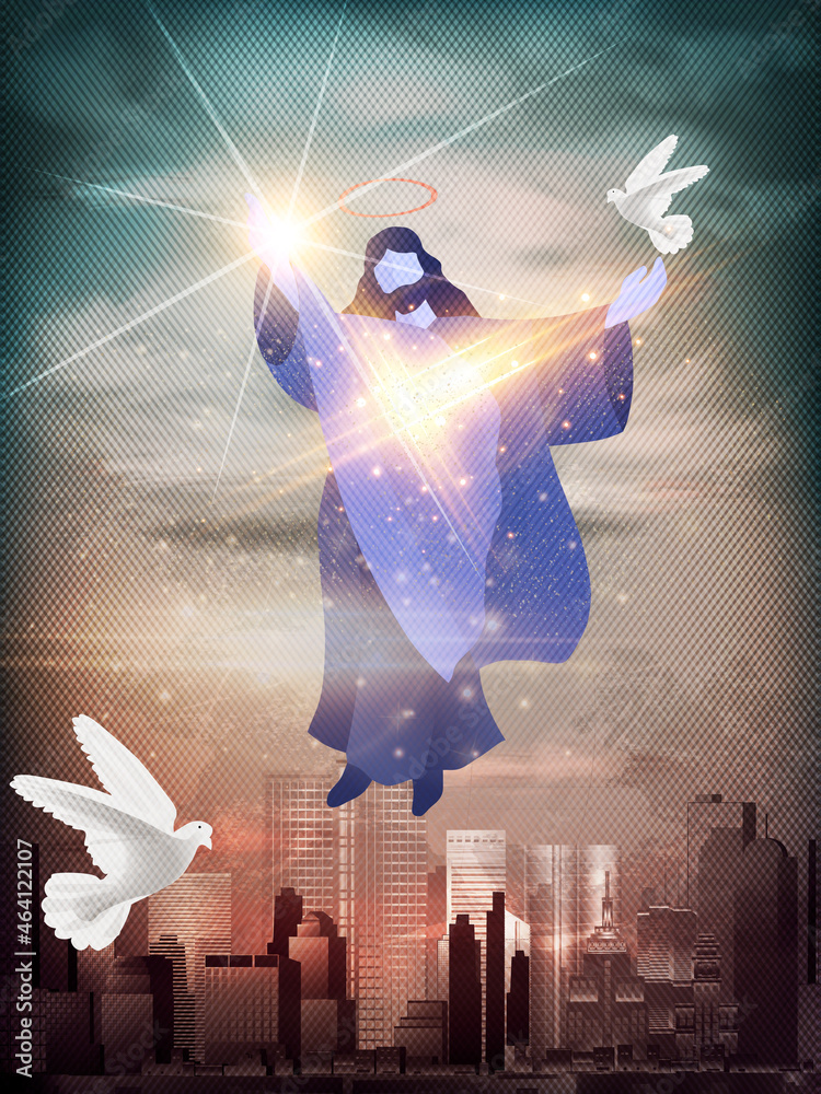 Vector illustration of the Resurrected Jesus Christ on modern city ...
