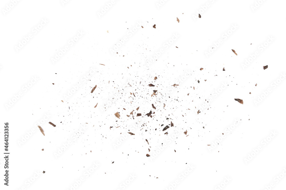 Wood pieces and dust, crushed tree bark isolated on white background ...