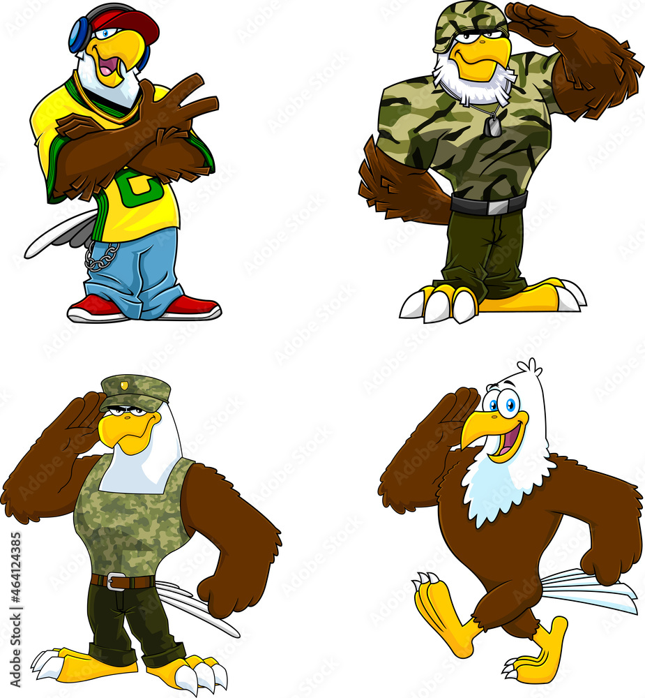 Eagle Cartoon Characters. Vector Hand Drawn Collection Set Isolated On ...