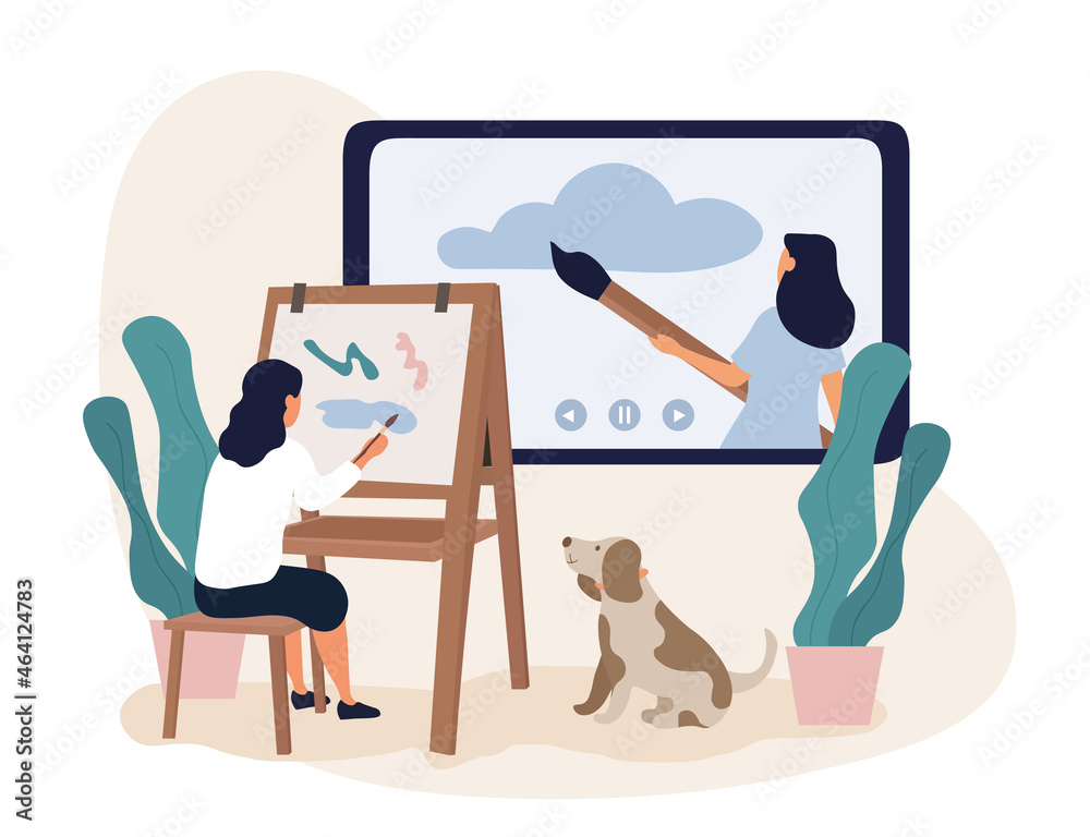 Online drawing lesson. Girl with pencil in hand draws cloud on screen ...
