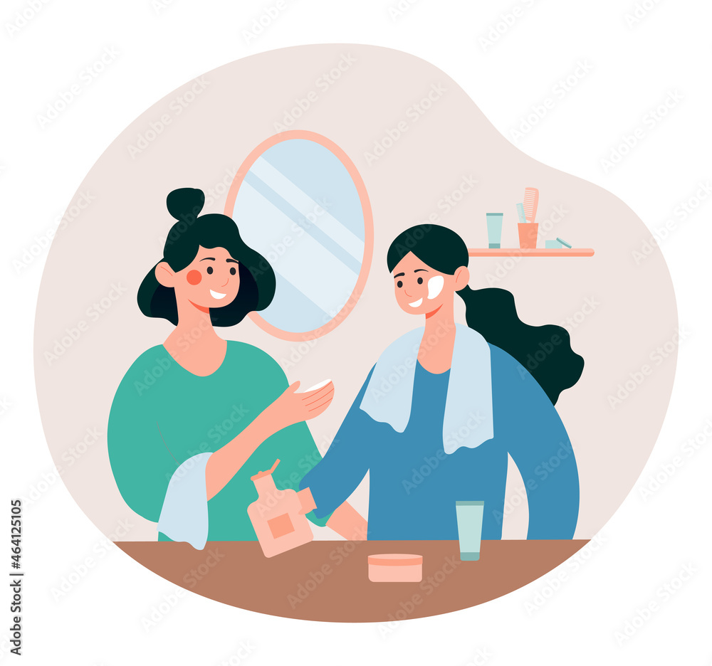 Morning beauty routine. Two girls watch their skin. Graphic elements ...