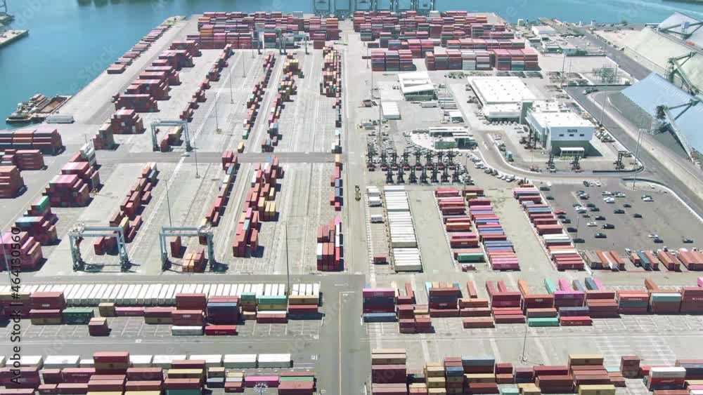 Aerial view. Container ship unloading in sea port. cargo vessel ...
