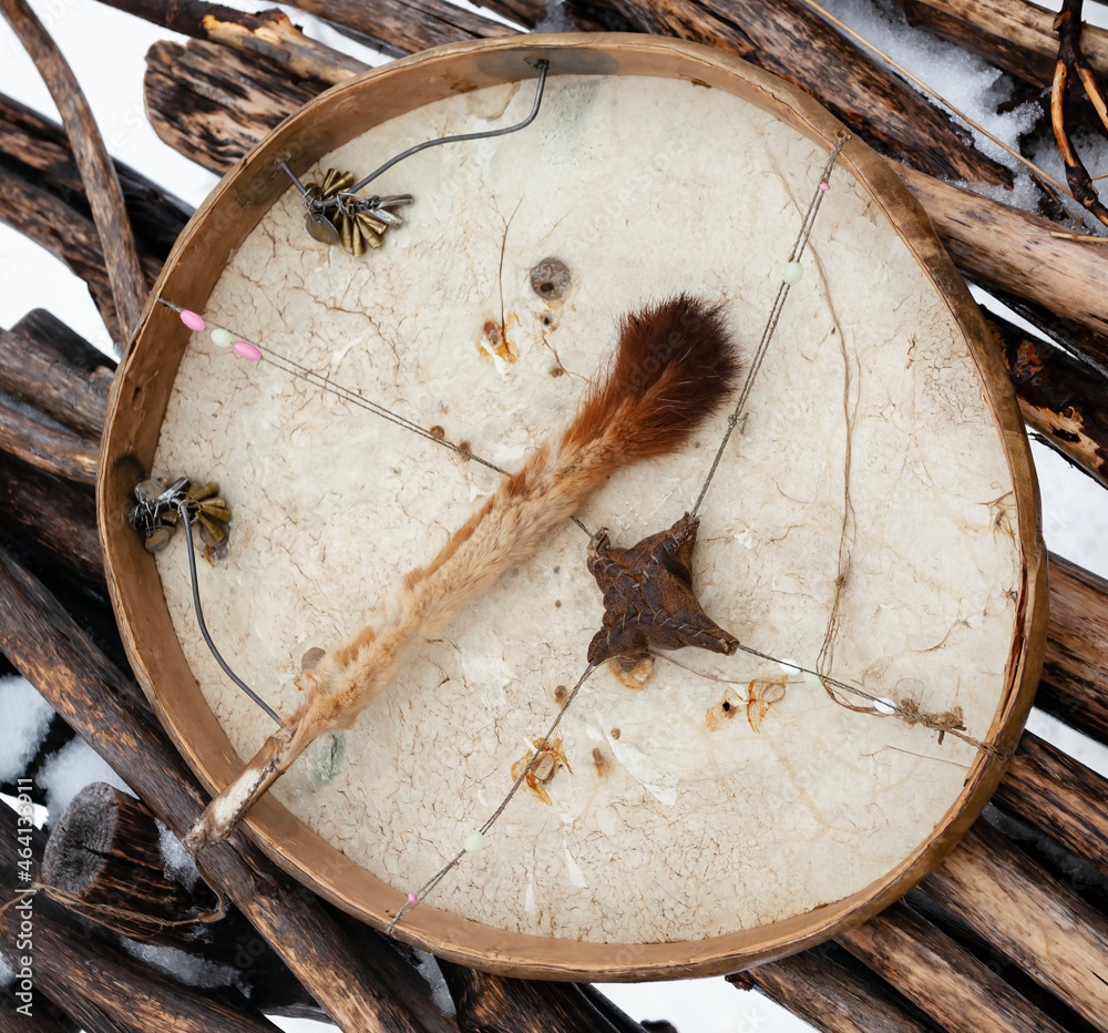 Ritual authentic shamanic tambourine and mallet is a pagan religious ...