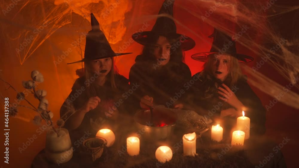 Video Stock Three young witches near the ritual cauldron.Without taking ...