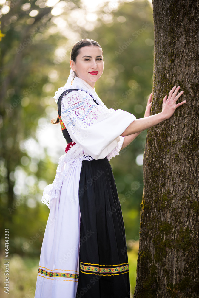 Young beautiful slovak woman in traditional dress. Slovak folklore ...
