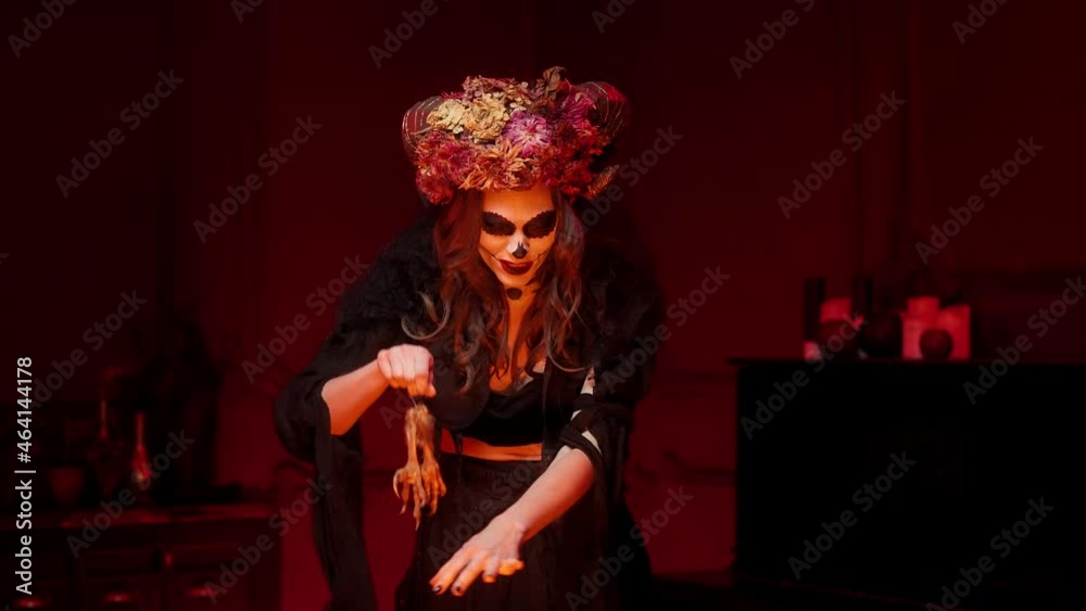 woman in rags halloween witch costume with calavera catrina skull ...
