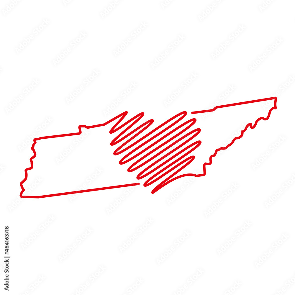 Tennessee US state red outline map with the handwritten heart shape ...