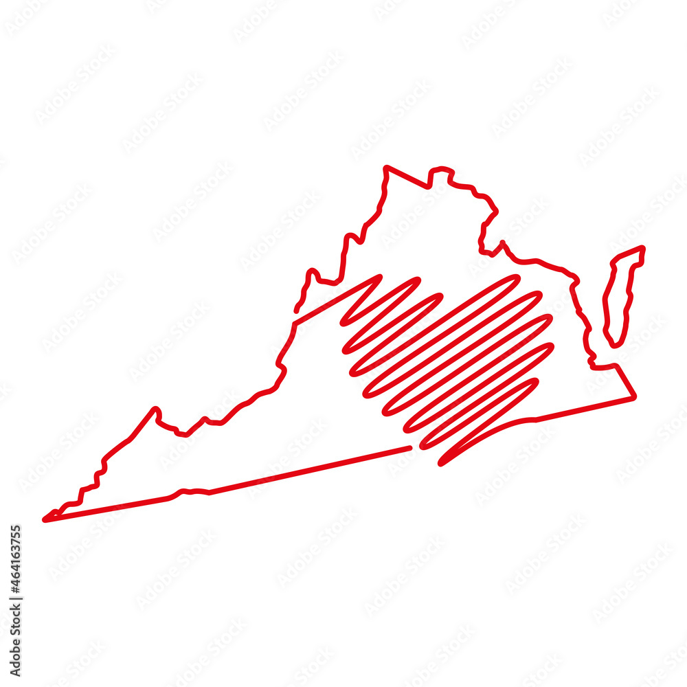 Virginia US state red outline map with the handwritten heart shape ...